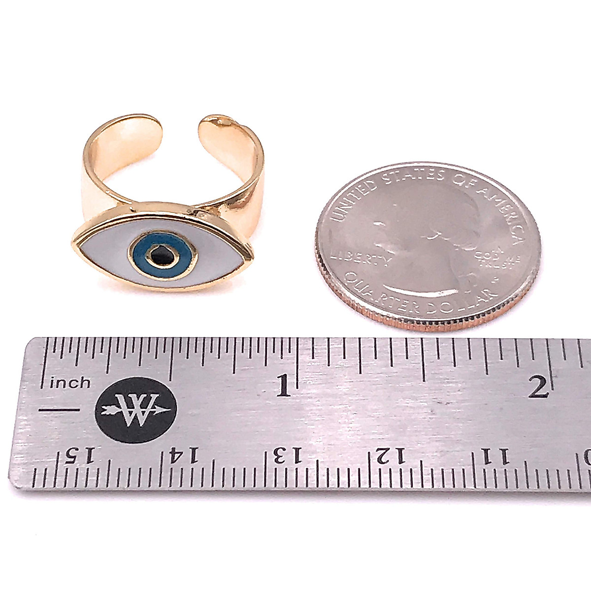 LESLIE BOULES 18K Gold Plated Evil Eye Enamel Ring Adjustable for Women