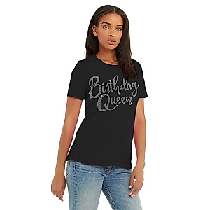 Birthday Tees for Women - Rhinestone Girly Birthday Queen T-Shirt - Birthday Party Shirts - X-Large - Black Tee(Queen RS) Blk/XL