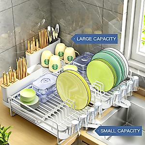 PXRACK Dish Drying Rack, Expandable(19.1"-26.9") Large Capacity Dish Rack and Drainboard Set, Stainless Steel Dish Drainers with Utensil Holder for Kitchen Counter, White