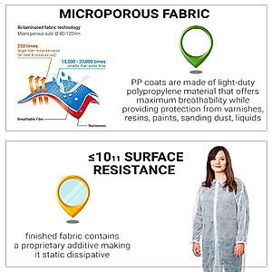 AMZ Disposable Lab Coat, White Disposable Lab Coats for Adults 30 GSM PP, PPE Coat with 4 Snaps, Elastic Wrists, No Pockets