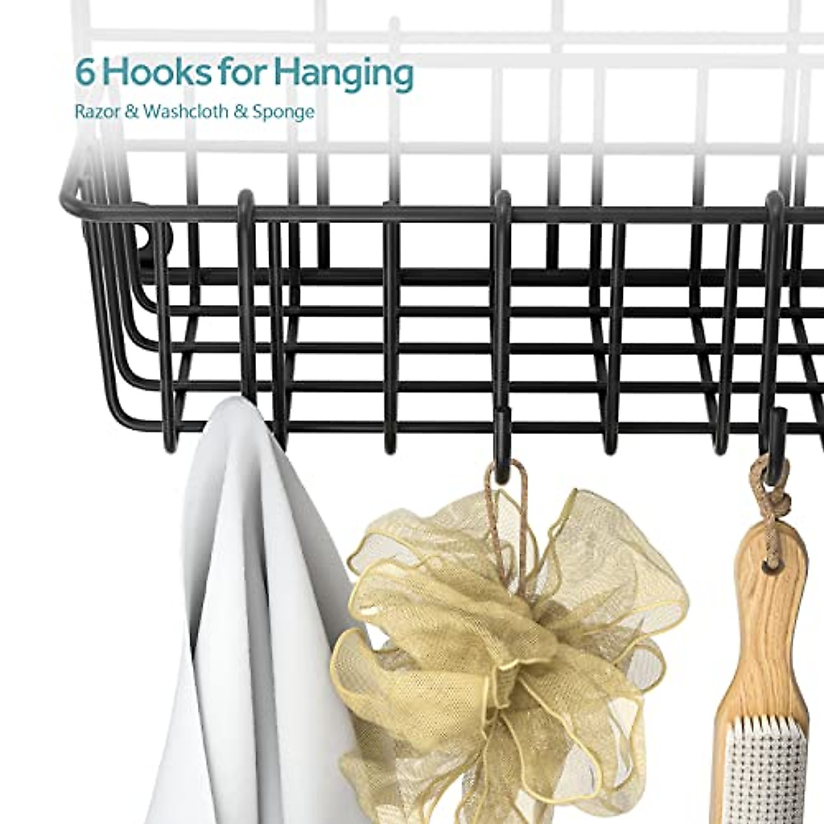 CALM COZY Bathroom Organizer, 4-Tier Shower Caddy Basket, Wall Mount Shower Organizer Metal Shelves Organization, Rustproof Bathroom Shelves Storage with 6 Hooks for Hanging Sponge, Black