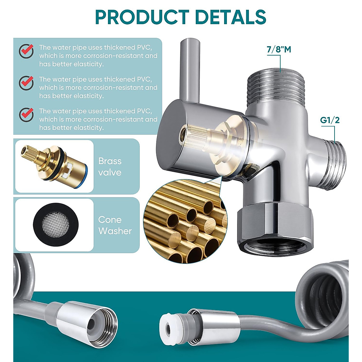 Ultra Light Bidet Toilet Sprayer Head Rustless Handheld Bidet Sprayer Cloth Bathroom Diaper Sprayer for Kitchen and Toilet (4PCS:Sprayer, T-Valve Kit, Water tank hook, Spring Flexible Shower Hose)