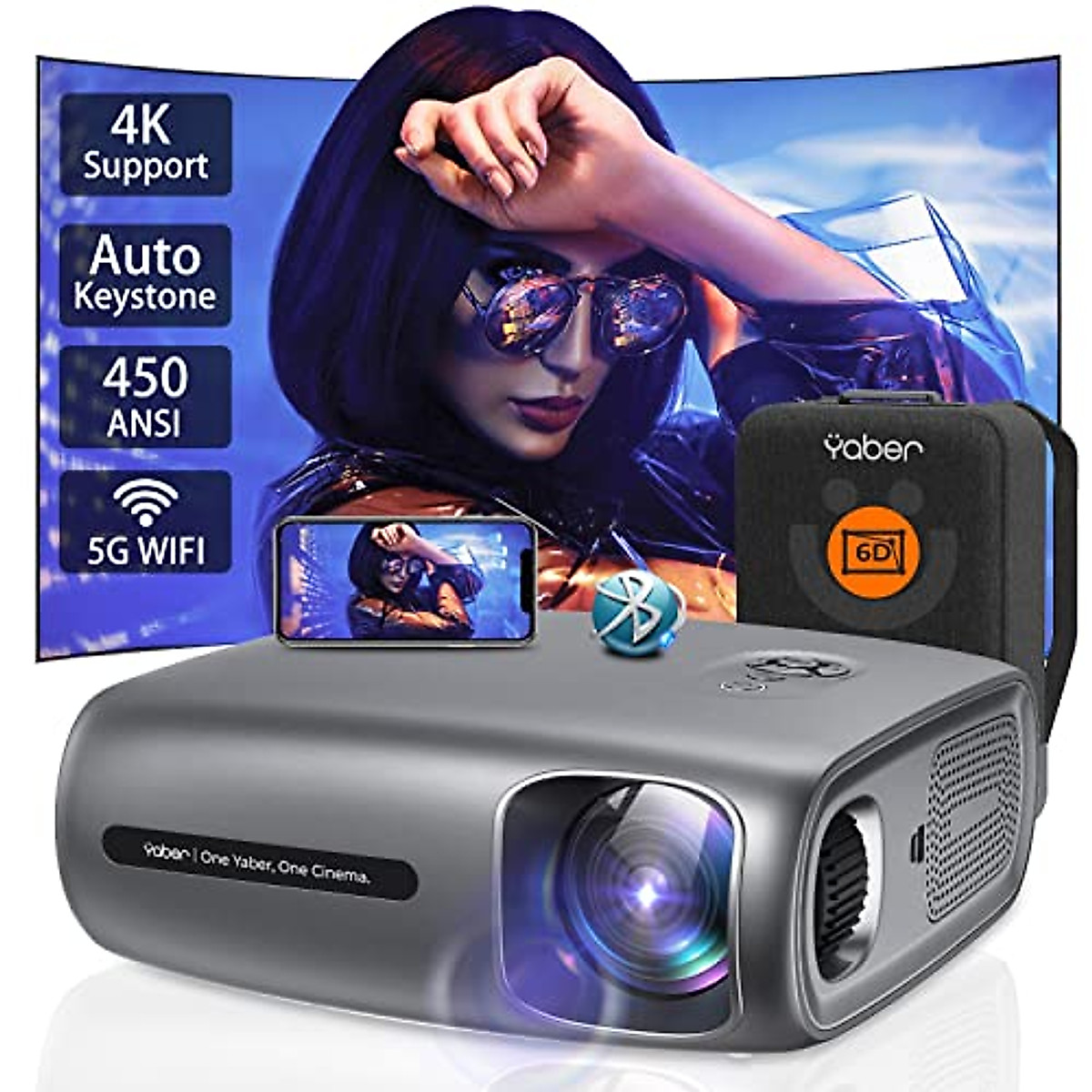 [Auto Keystone] Projector with WiFi and Bluetooth 5.2, YABER 450 ANSI Full HD Native 1080P Video Projector 4K Supported, Smart Home Theater Movie Projector for Smartphone/TV Stick/PC/XBox/PS5/HDMI/USB