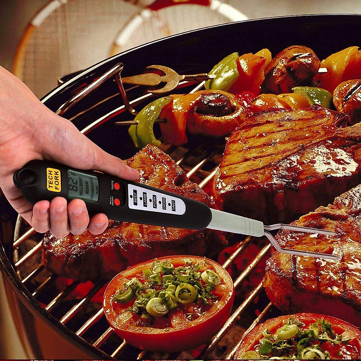 Beyond Group 80-09 Digital Meat Instant Read Thermometer with LED Screen and Ready Alarm, Kitchen Probe with Long Fork for Grilling, Barbecue and Cookin, l, white