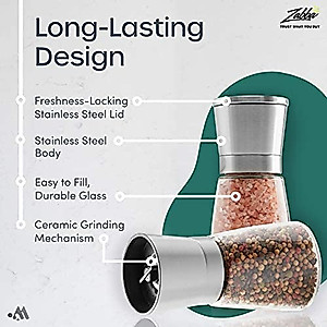 Modetro Salt and Pepper Shakers Set 6 oz Each Adjustable Coarseness Pepper Grinder Mill for Sea Salt Spice Stainless Steel Glass 2 Pack
