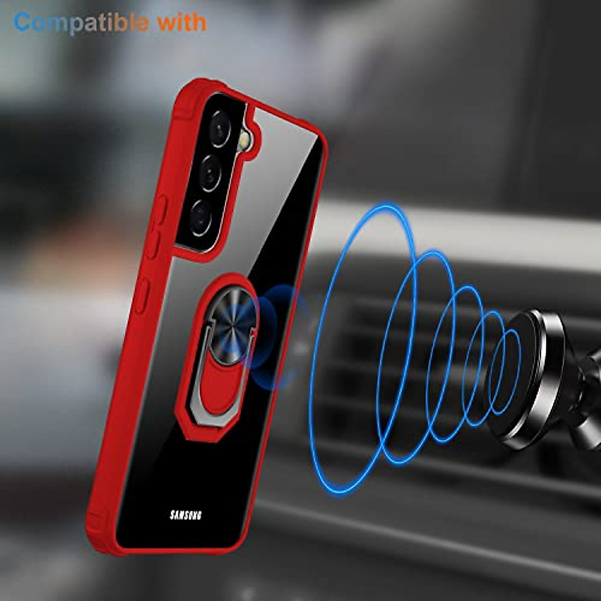 IKAZZ Galaxy S22 Plus Case,Samsung S22 Plus Cover Crystal Clear Anti-Yellow Shock Absorption Acrylic Protective Phone Case with Magnetic Ring Kickstand for Samsung Galaxy S22 Plus,Red