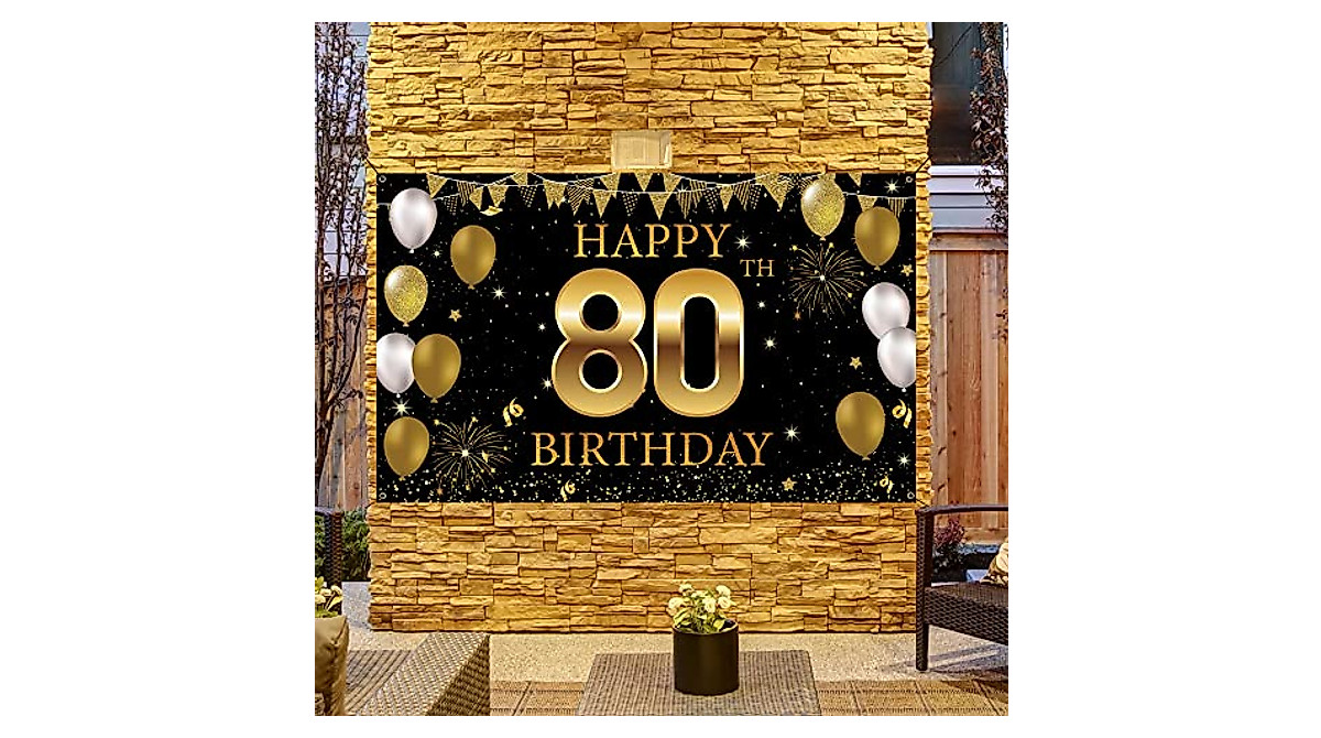 80th Birthday Decorations Banner - Black & Gold Celebration