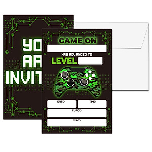 Chuxvon Video Game Birthday Party Invitations, Gamer Birthday Invitation, Double-Sided Green Glow Neon Fill In Invites, Kids Gaming Birthday Party Decorations, 20 Cards With 20 Envelopes(C14)