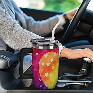 LLUTSNTH 40 Oz Vacuum Tumbler with Black Handle Leakproof Insulated Tumbler Colorful Rainbow Love Heart Stainless Steel Travel Mug with Lid And Straw Coffee Cup Cute Water Bottles Cup Holder Friendly