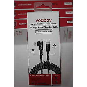 VODBOV USB-C to Lightning Cable 2FT to 8FT Right Angle Coiled Charging Cable Durable Coil MFi Certified Charger Cord Zebra Black