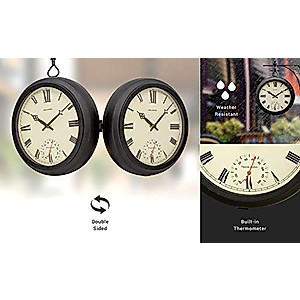 AcuRite 9-Inch Indoor/Outdoor Double-Sided Hanging Clock with 360-Degree Spin Functionality, Iron Metal Frame, Glass Lens, Quartz Crystal Movement, Weatherproof and Premium Thermometer (75140M),Black