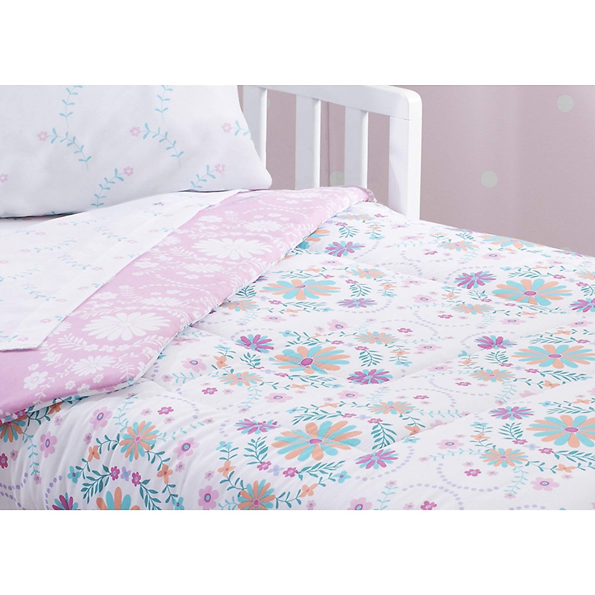 Delta Children Toddler Bedding Set | Girls 4 Piece Collection | Fitted Sheet, Flat Top Sheet w/Elastic Bottom, Fitted Comforter w/Elastic Bottom, Pillowcase, Bohemian | Pink/Multi
