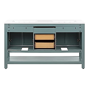 Spring Mill Cabinets Eaton Double Bathroom Vanity with 2 Cabinets, 3 Drawers, Open Shelf, Sink, 60.25" W x 18.75" D x 35.41" H, Sage/White Top