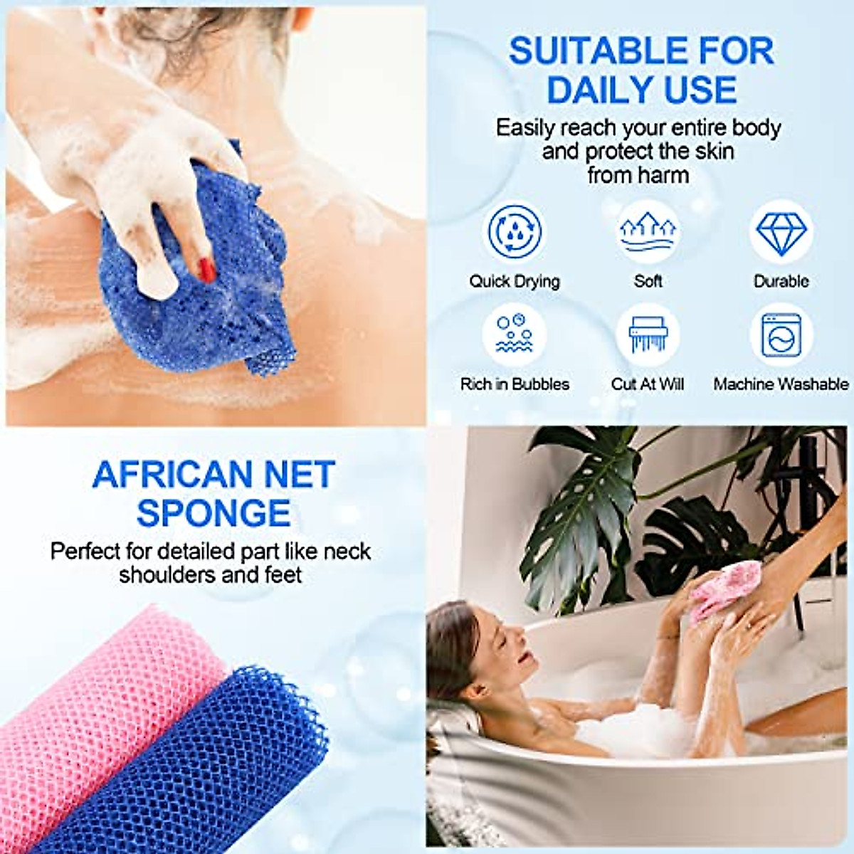2 Pcs African Net Sponge,African Exfoliating Net,Exfoliating Bath Sponge,Bath Towels,Nylon Net,Wash Cloths,Back Scrubber for Shower,Skin Smoother for Daily Use or Stocking Stuffer(Blue,Pink）