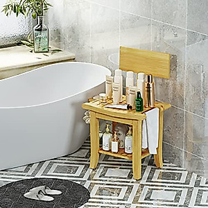 ETECHMART Bamboo Shower Bench with Back and Soap Dish, 2-Tier Shower Chair Bath Seat with Handle for Bathroom Bathtub Elderly Disabled, Waterproof Wood Spa Stool for Inside Shower Legs Shaving, Bamboo