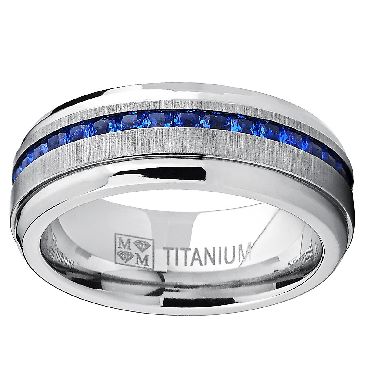 Metal Masters Men's Titanium Wedding Band Engagement Ring W/Blue Simulated Sapphire Cubic Zirconia Princess CZ 9