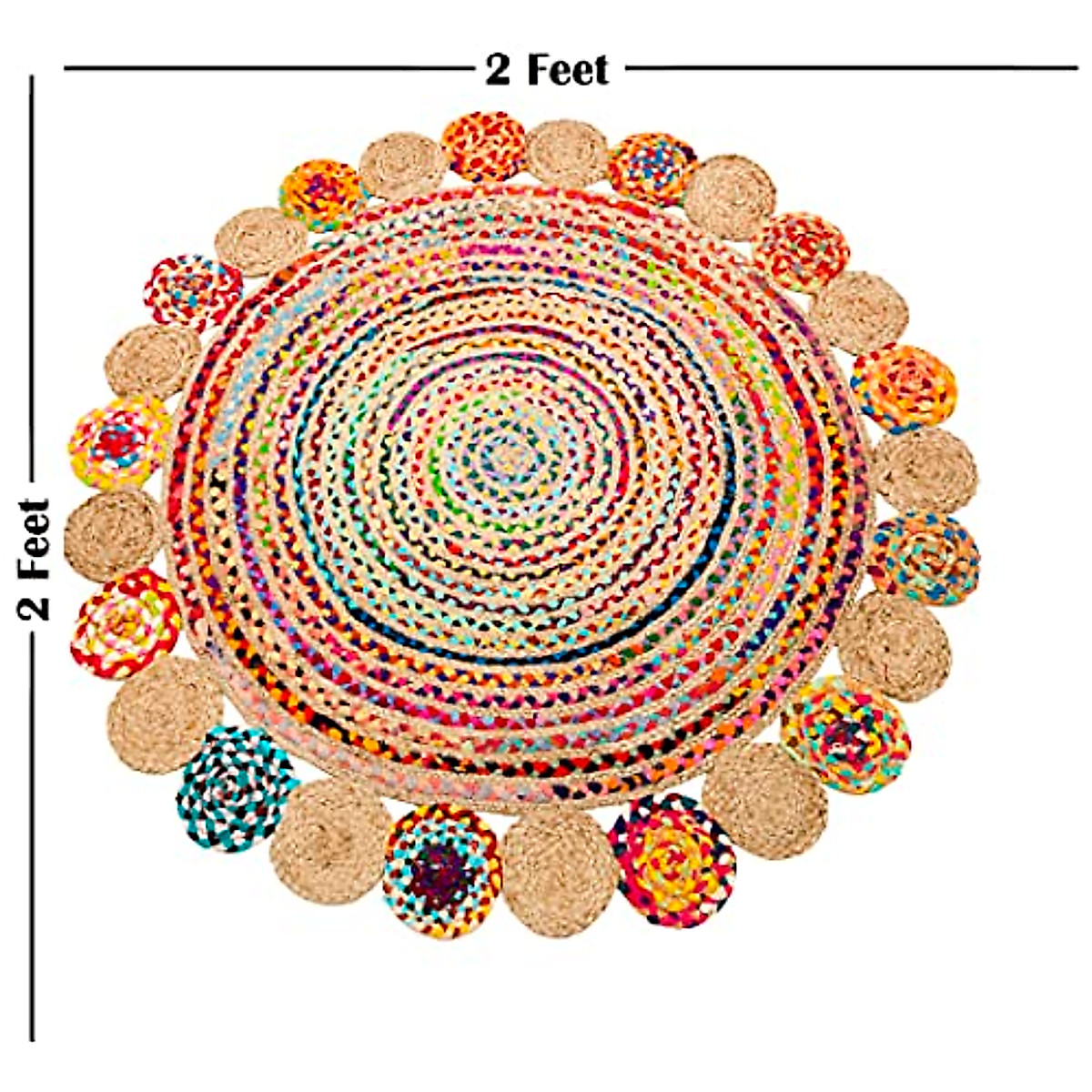 NAQSH Handcrafted Reversible Cotton Braided Area Rug -2 Ft Multicolor Hand Woven Braided Rug Rag (2 Feet, Multi Fancy Jute+Cotton)