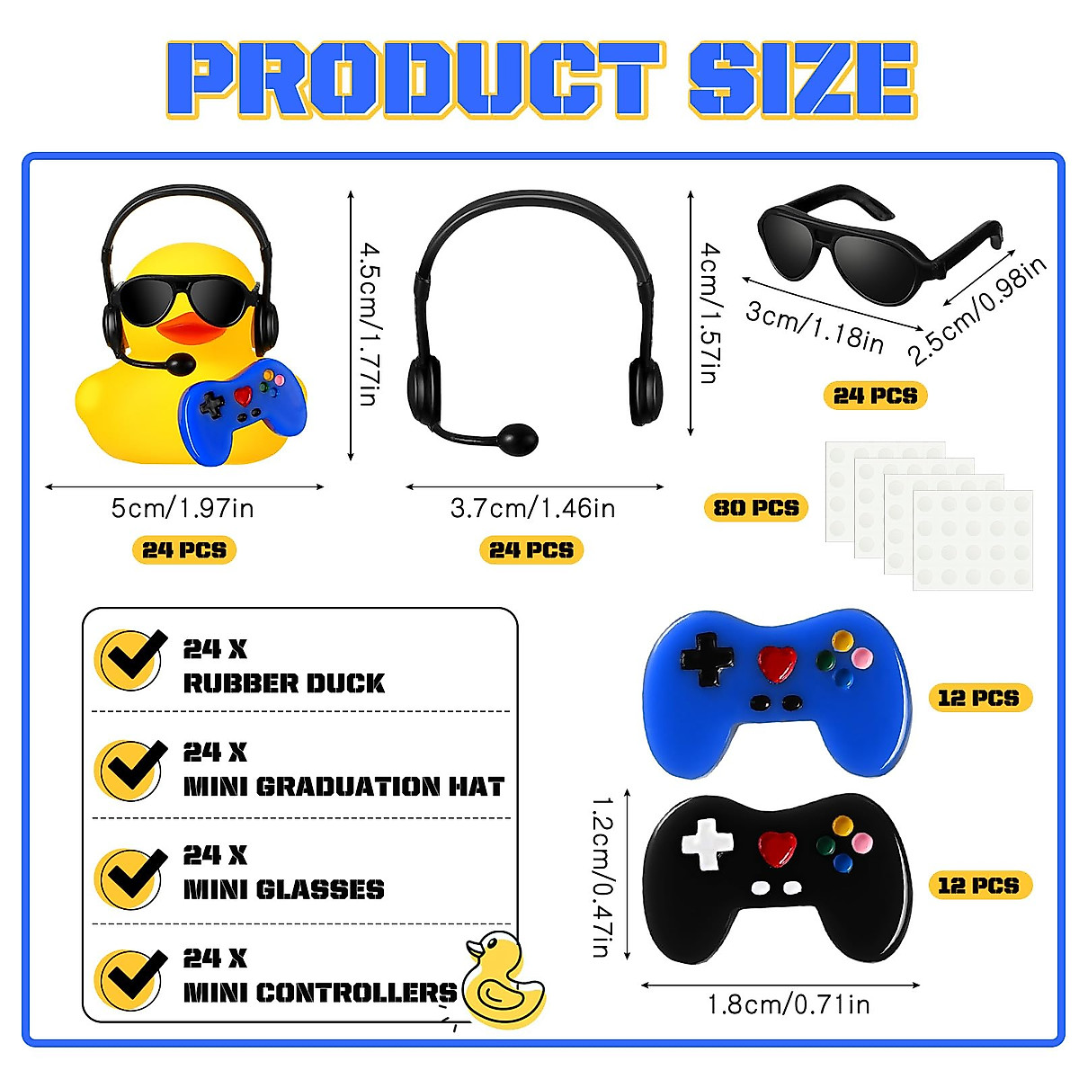 Leitee 24 Sets Video Game Party Favors Rubber Ducks with Mini Headset Glasses and Controllers Cute Bath Rubber Ducks Small Bathtub Accessories Toys for Birthday Swimming Party Favors Decoration