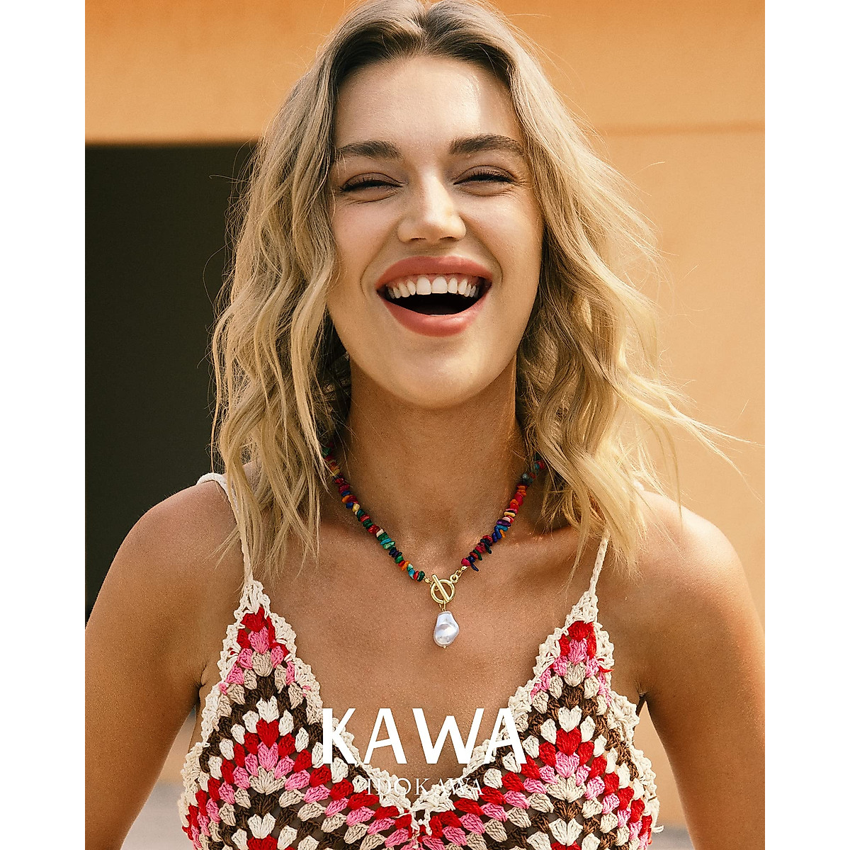 IDOKAWA Beaded Charm Necklace for Women Boho Multicolor Charm Necklace with Natural Stone Freshwater Baroque Pearl Pendant Summer Beach Necklace Y2K Necklace Jewelry Gifts for Women Girlfriend