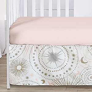 Sweet Jojo Designs Blush Pink Gold Star and Moon Girl Baby Crib Bedding Set for Infant Nursery Room Quilt, Fitted Sheet, Skirt, Diaper Stacker - 5pc - Grey Celestial Sky Stars Gray Shabby Chic