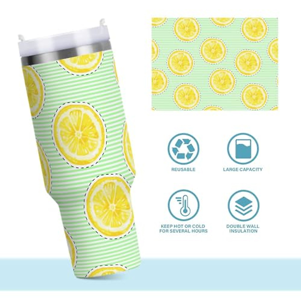 DIGTIA Stainless Steel Insulated Tumbler w/Handle & Straw, Lemons Yellow Double Wall Vacuum Travel Coffee Mug Cup w/Lid, Leak-Proof Sports Fruit Water Bottle,30oz