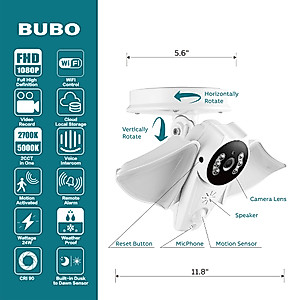 BUBO Outdoor Floodlight Camera,WiFi 1080P Security Cam, PIR Motion Sensor Light with Siren Alarm,IP65 Waterproof,Colorful Night Vision,Dusk to Dawn,Two-Way Audio,64GB MicroSD,Compatible with Alexa