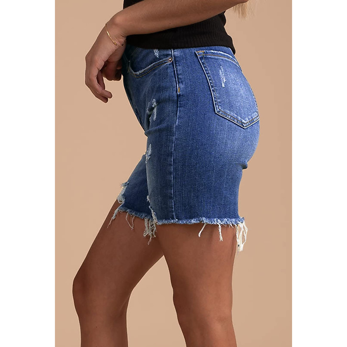 HUUSA Washed Short Jean Pants for Women Casual Spring High Waist Frayed Raw Denim Bermuda Shorts Mid Thigh Destroyed Ripped Jean Shorts with Pockets Dark Blue M