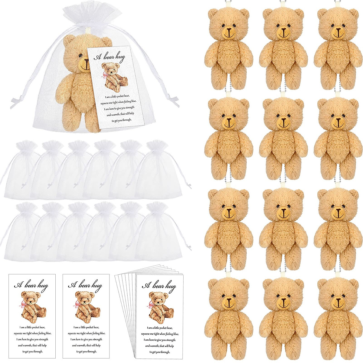 Zhanmai Set of 12 Mini Plush Bears Gift Little Pocket Bear Inspirational Bear Hug Gift Card Organza Bags for Party Favors Stocking Suffers for Class