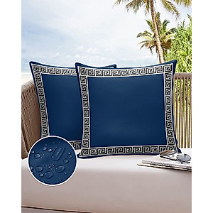Outdoor Waterproof Pillow Covers for Patio Furniture Geometric Greek Key Design Decorative Throw Pillow Cover Navy Blue Pillowcases Set of 2 Cushion Case for Sofa Couch Chair Home Decor 26x26 inch