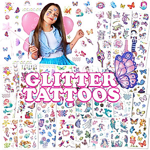 Sinmoe 30 Sheets 400 pieces Glitter Temporary Tattoos for Kids Waterproof Butterfly Mermaid Unicorn Cartoon Stickers Girls Glow Tattoo for Birthday Party Favors Goodie Bags Fillers (Unicorn)