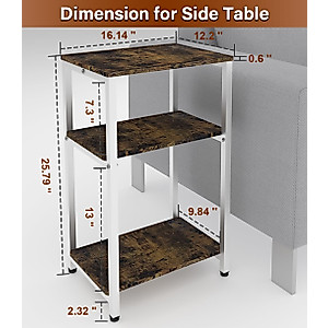 Tigerden 3 Tier Side Table, Heavy Duty End Table with Shelves, Narrow nightstand Table for Small Spaces, Record Player Table for Bedroom, Living Room, Sofa Couch - Rustic Brown & White