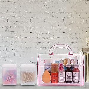 Plastic Square Storage Bin-Cabinet,Gift Box Portable Vanity Organizer with Secure Lid and Handle, Clear Container Box for Toiletries (1 Red Box + 2 Smaill Boxs)