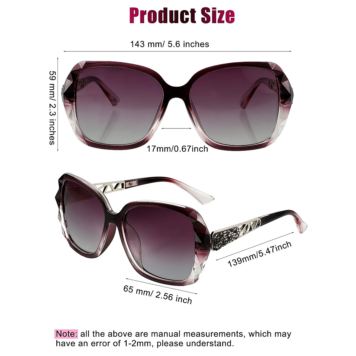 Frienda 3 Pieces Women Polarized Oversized Sunglasses Shiny Composite Frame Sunglasses Vintage Rhinestone Glasses
