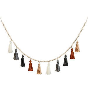 Tassel Garland with Wood Bead,Boho Macrame Wall Hanging Decor for Bedroom, Nursery, Play Room, Baby Shower, Girls Room Decor (White)