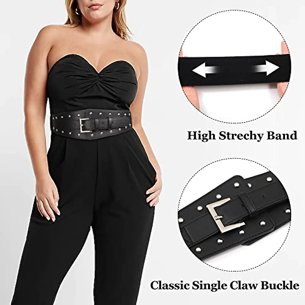 Kajeer Womens Wide Belts for Dresses Vintage Wide Elastic Belts for Women Rivet Cinch Belt with Buckle(M, Black)