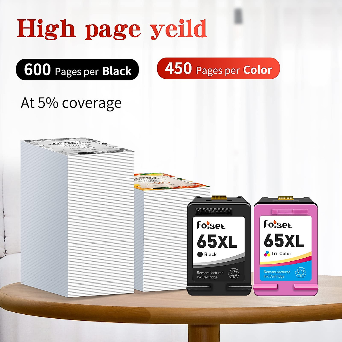 Foiset Remanufactured Inkjet 65XL (1 Black, 1 Color) Replacement for HP 65XL 65 XL Ink Cartridge for Envy 5055 5052 5058 DeskJet 3755 2655 3720 3722 3723 3752 3758 2652 2624 High Yield