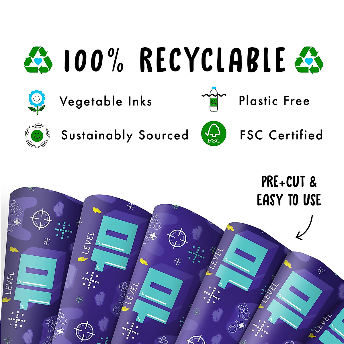 CENTRAL 23 Gaming Wrapping Paper for Boys - 10th Birthday Wrapping Paper - 6 Sheets of Gift Wrap - 10 Year Old - Gamer - Video Game - Recyclable