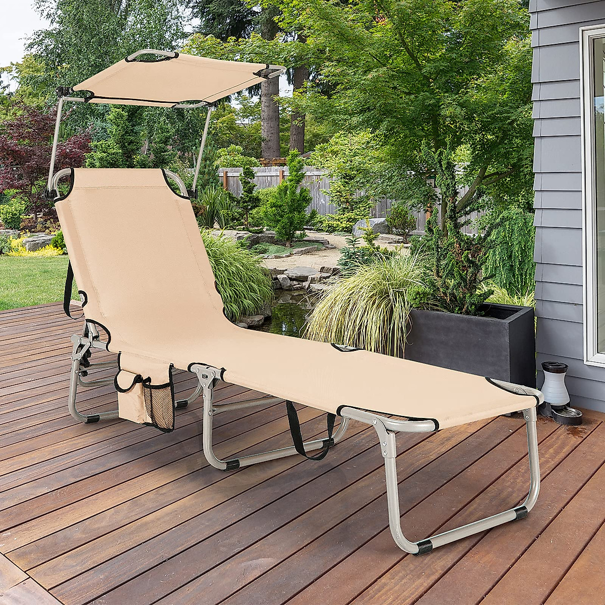 GYMAX Beach Chair with Canopy Shade, Folding Tanning Lounge with Adjustable Backrest, Carry Handle & Side Pocket, Sunbathing Chair for Outside, Patio, Poolside, Lawn (1, Beige)