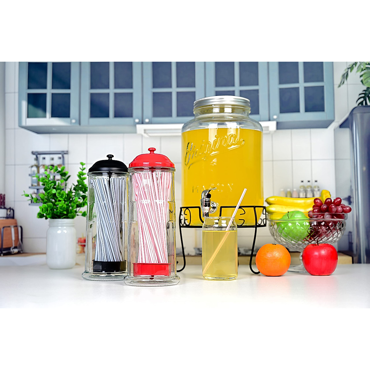 Straw Dispenser with Stainless Steel Lid | Glass Red Straw Holder for Counter with Lid | Drinking Straw Dispensers | Straw Container | Holds Straws up to 8.5 Inches, Red