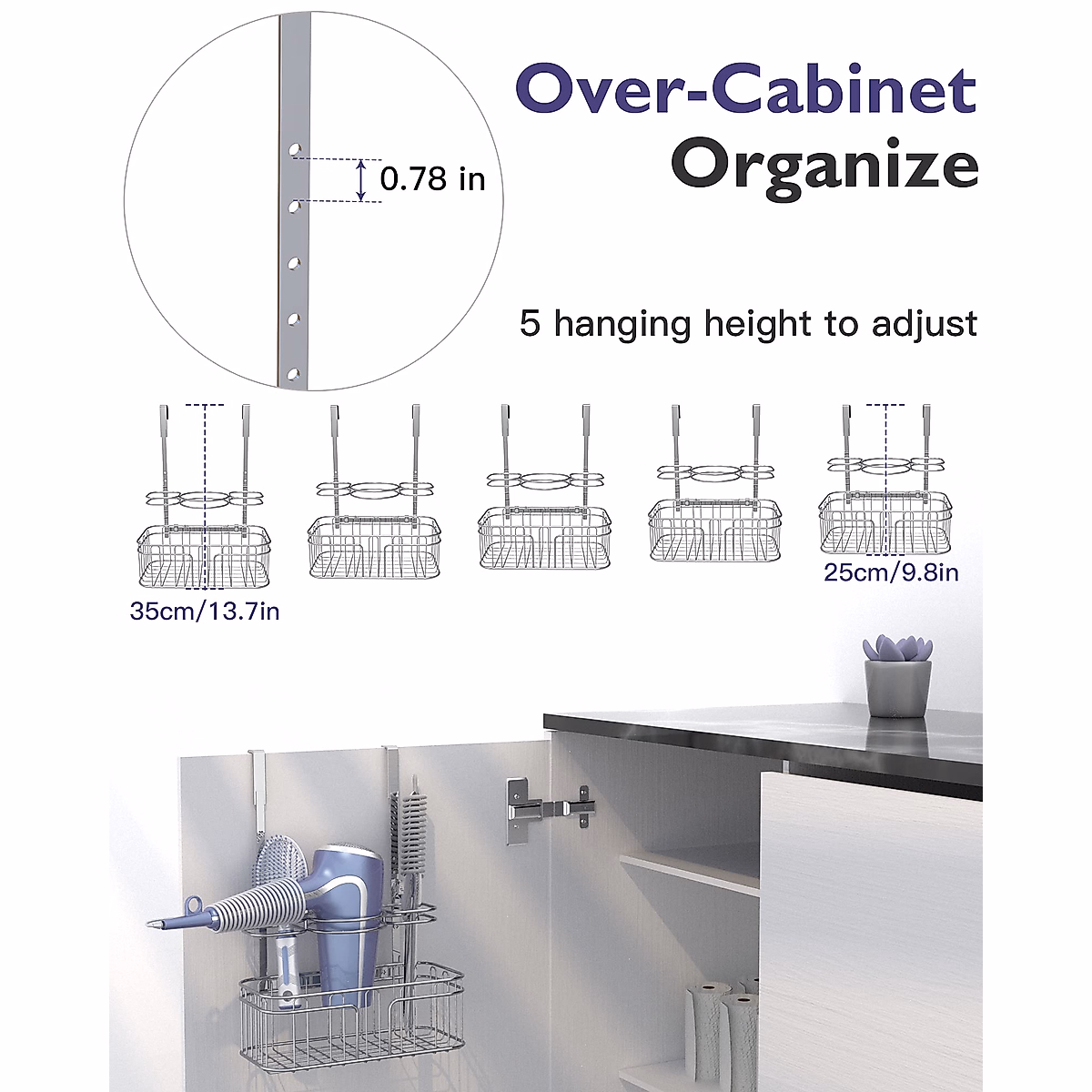 ULG Hair Tool Organizer, Over Cabinet&Wall Mount Hair Care & Styling Tool Organizer,with 5 Adjustable Height and 3 Compartment for Hair Dryer,Flat Irons,Curling Wands for Bathroom, Chrome
