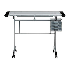 Studio Designs Vision Craft and Drawing Station - 35.5" W by 23.75" D Silver-Blue Glass Top Drafting Table with Pencil Drawers, Side Trays, & Built-In Pencil Ledge - Angle Adjustable Work Surface