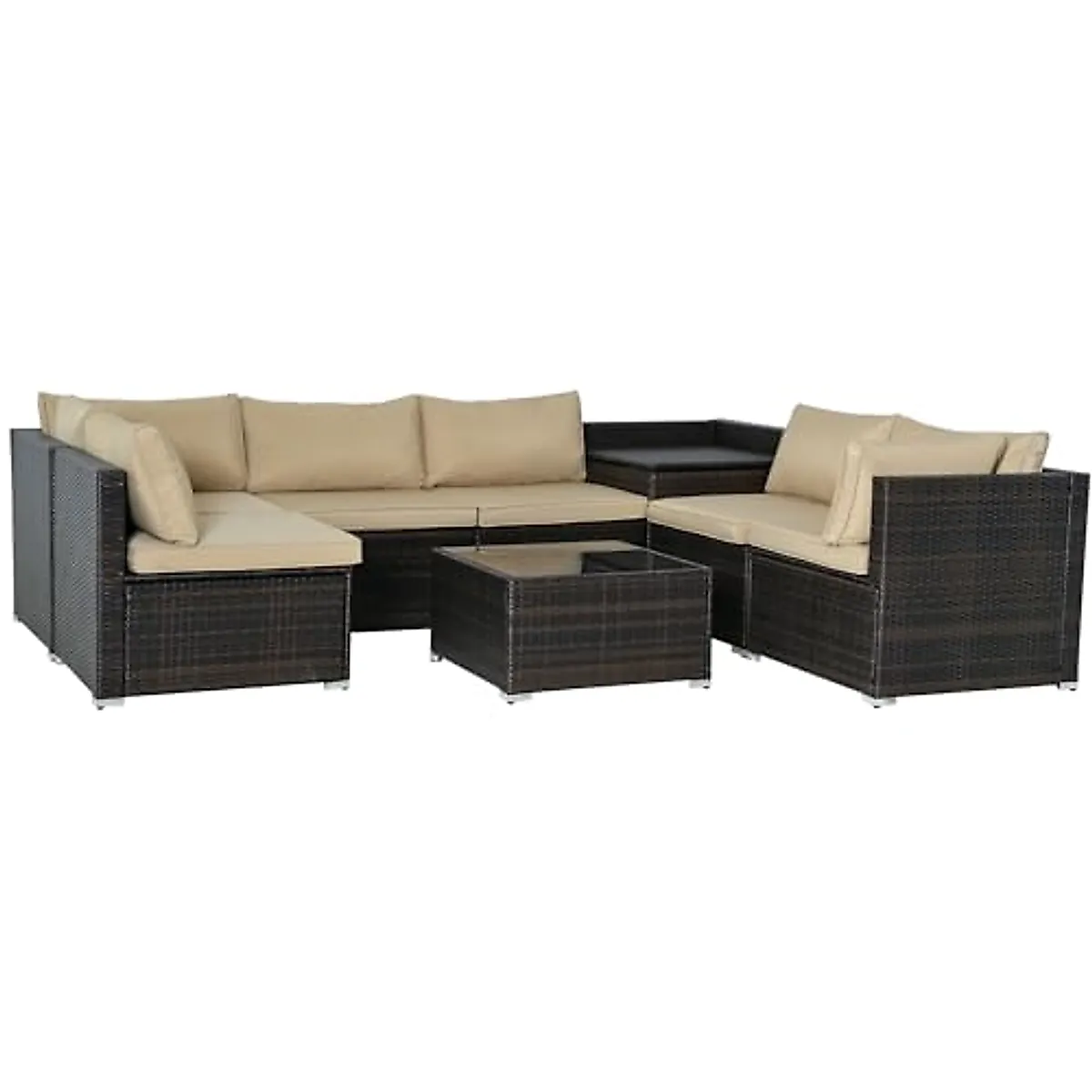 IJIALIFE 8 Pieces Patio Furniture Set, All-Weather Sectional Sofa PE Rattan Wicker Patio Outdoor Conversation Set with Thickened Cushions and Coffee Table (Brown Wicker/Khaki Cushion)