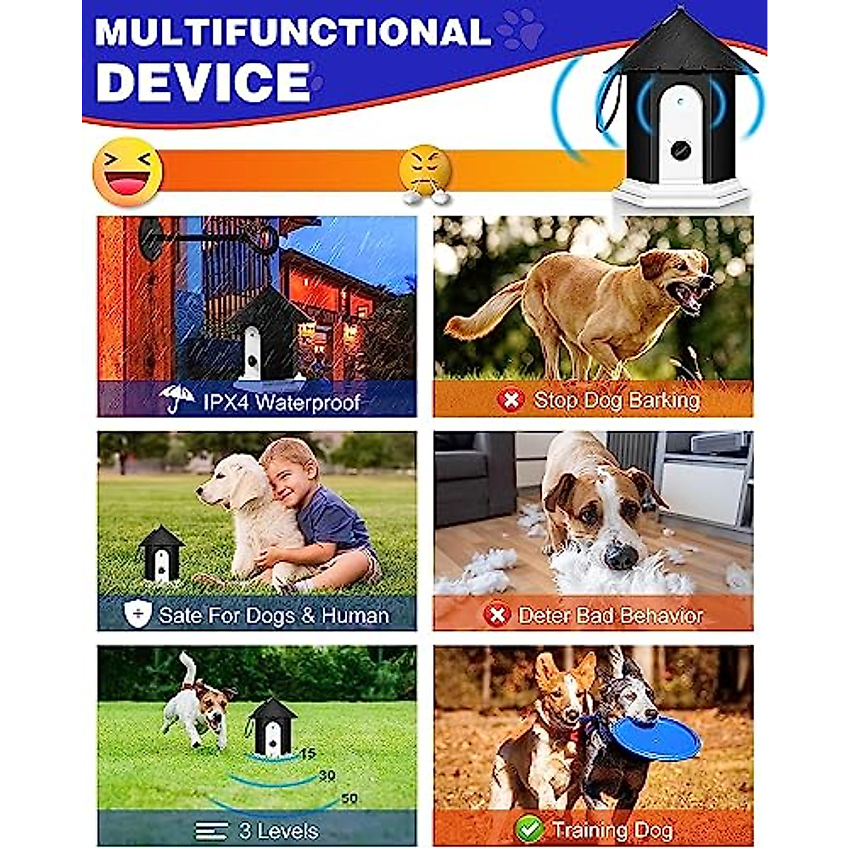 NOLTSE Anti Barking Device, Automatic Ultrasonic Dog Barking Control Devices & Dog Training Tools, Outdoor Waterproof Bark Box with 3 Levels & 50 Ft Range, Dog Barking Deterrent Safe for Human & Dog