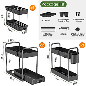 2 Pack Under Sink Organizer- 2 Stackable Rack Organizer Tier Bathroom Under the Sink Organizers Multi-Usage Kitchen Cabinet Organizers and Storage Bath Shelf Baskets w 4 Hanging Cup and 5 Hooks, Black