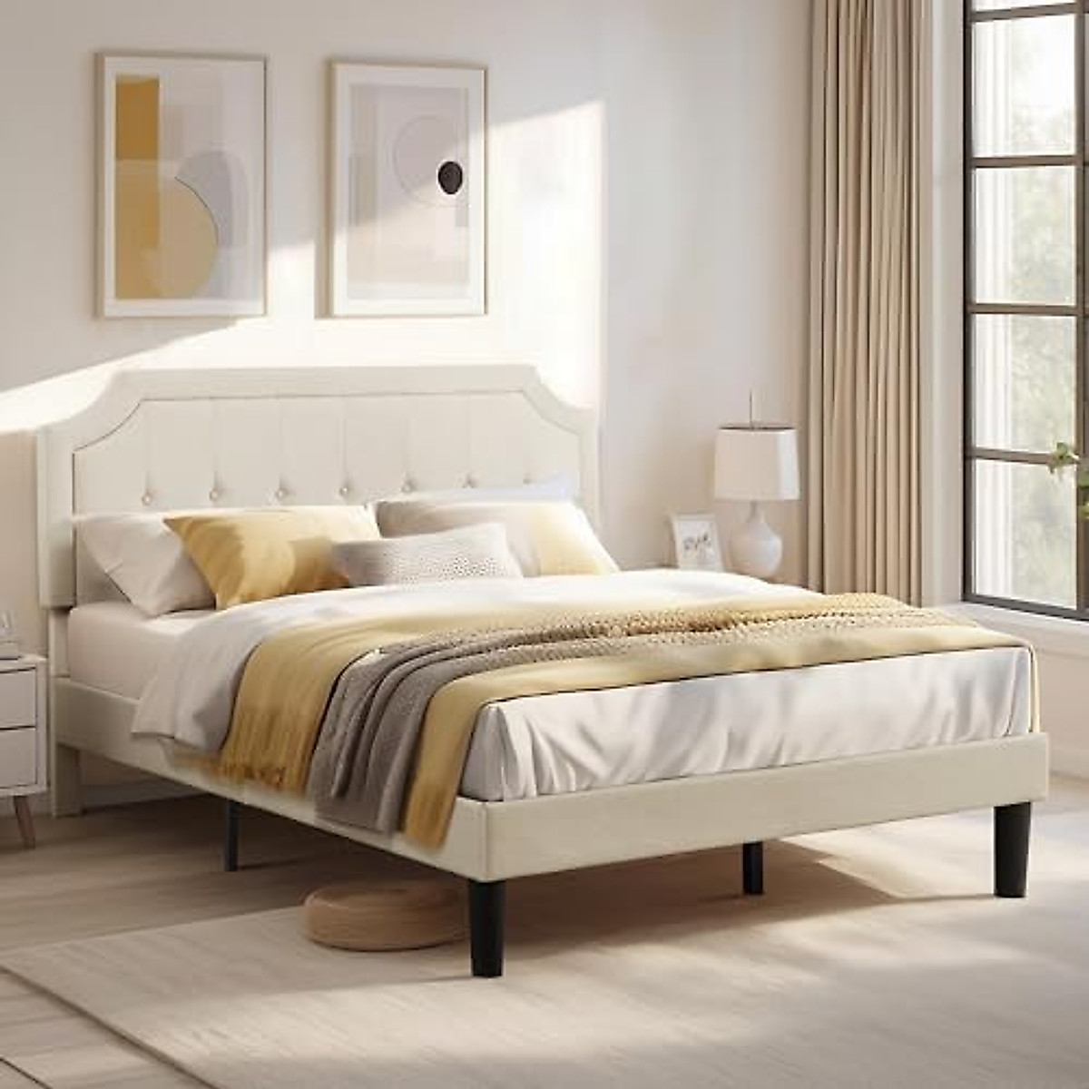 VECELO Queen Upholstered Platform Bed Frame with Adjustable Button Stitched Panel Headboard,Strong Wood Slat Support,Velcro Design,Mattress Foundation/Easy Assembly,Beige