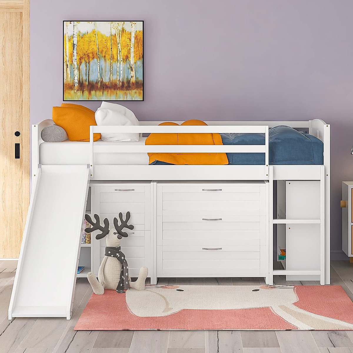 Harper & Bright Designs Twin Loft Bed with Slide and Storage, Solid Wood Low Loft Bed with Attached Bookcases and Separate 3-tier Drawers, for Kids Girls Boys (White)