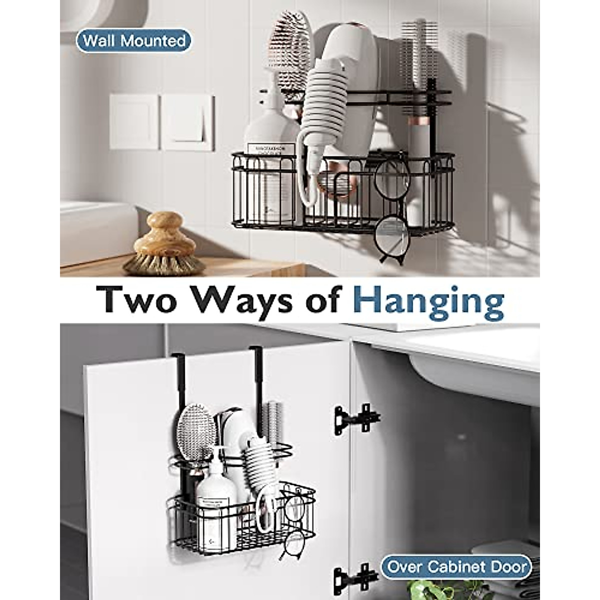 Hair Tool Organizer, ULG Hair Dryer Holder Over Cabinet or Wall Mount, Bathroom Organizer Under Sink with 5 Adjustable Heights and 3 Compartments for Hair Dryer, Curling Wand, Hair Straightener(Black)