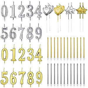 52Pcs Birthday Numeral Candles Set, FULANDL 20Pcs Number 0-9 Glitter Cake Topper Decoration with 32Pcs Long, Star, Heart Birthday Candles (Gold and Silver )