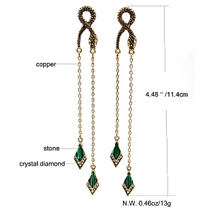 Vintage Green Rhinestone Long Drop Snake Earrings Studs