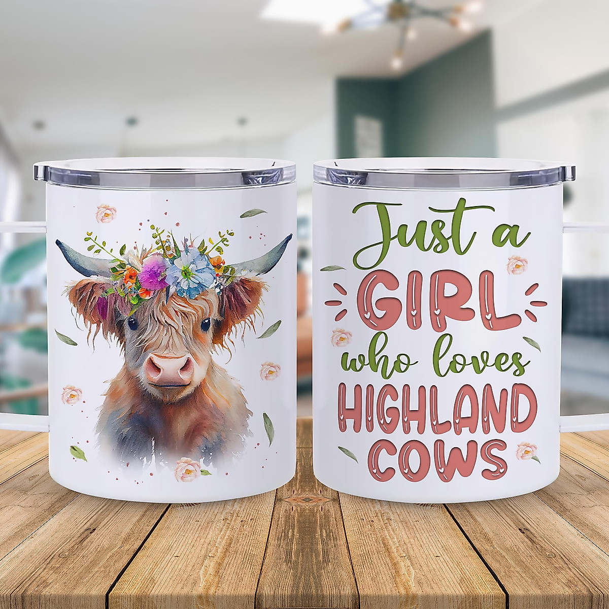 Hyturtle Cow Cup Gifts Highland Cow Lover, Just A Girl Who Loves Highland Cows Coffee Mug Stainless Steel 12oz, Cow Gifts For Women, Farm Animal Lover Gift For Girls, Daughter On Birthday Christmas